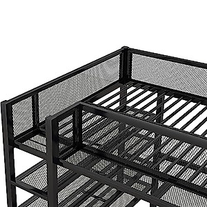 Loft Bed Multifunctionl Bed, Metal Full Size Loft Bed Frame with 4-Tier Open Shelves, Guardrail Side Storage Shelf and Mesh Guardrails, Kids Adults Bedroom Furniture High Loft Storage Bed (Black Bed)
