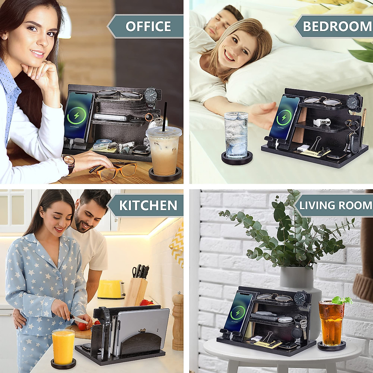 Parkway Home Black Wood Phone Docking Station - Wood Charging Station Organizer Stand, Bedside Nightstand Organizer for Men and Women, Holds Phone, Tablet, Keys, Glasses, EDC and more