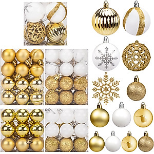 DomeStar 100PCS Christmas Tree Ornaments, Christmas Ball Set Glitter Shatterproof Baubles Snowflakes Gold White for Xmas Tree Wreath Christmas Party Wedding