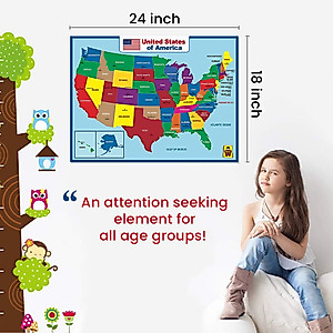 UNCLE WU United State Map Laminated Poster -Double Side Educational Poster For Kids/Adults -18 x 24 inch Waterproof Map For Home Classroom