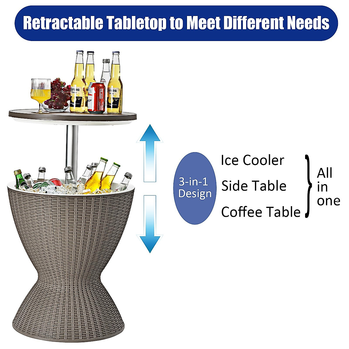 Giantex Cool Bar Table, 8 Gallon Beer and Wine Cooler, Rattan Style Patio Bar Tables, Height Adjustable, 3-in-1 Ice Cooler with Drainage Plug, Outdoor Cocktail Table for Deck Pool Party (Coffee)