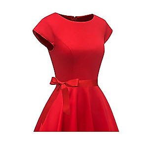 PUKAVT Women's 1950 Boatneck Cap Sleeve Vintage Swing Cocktail Party Dress with Pockets Red XL