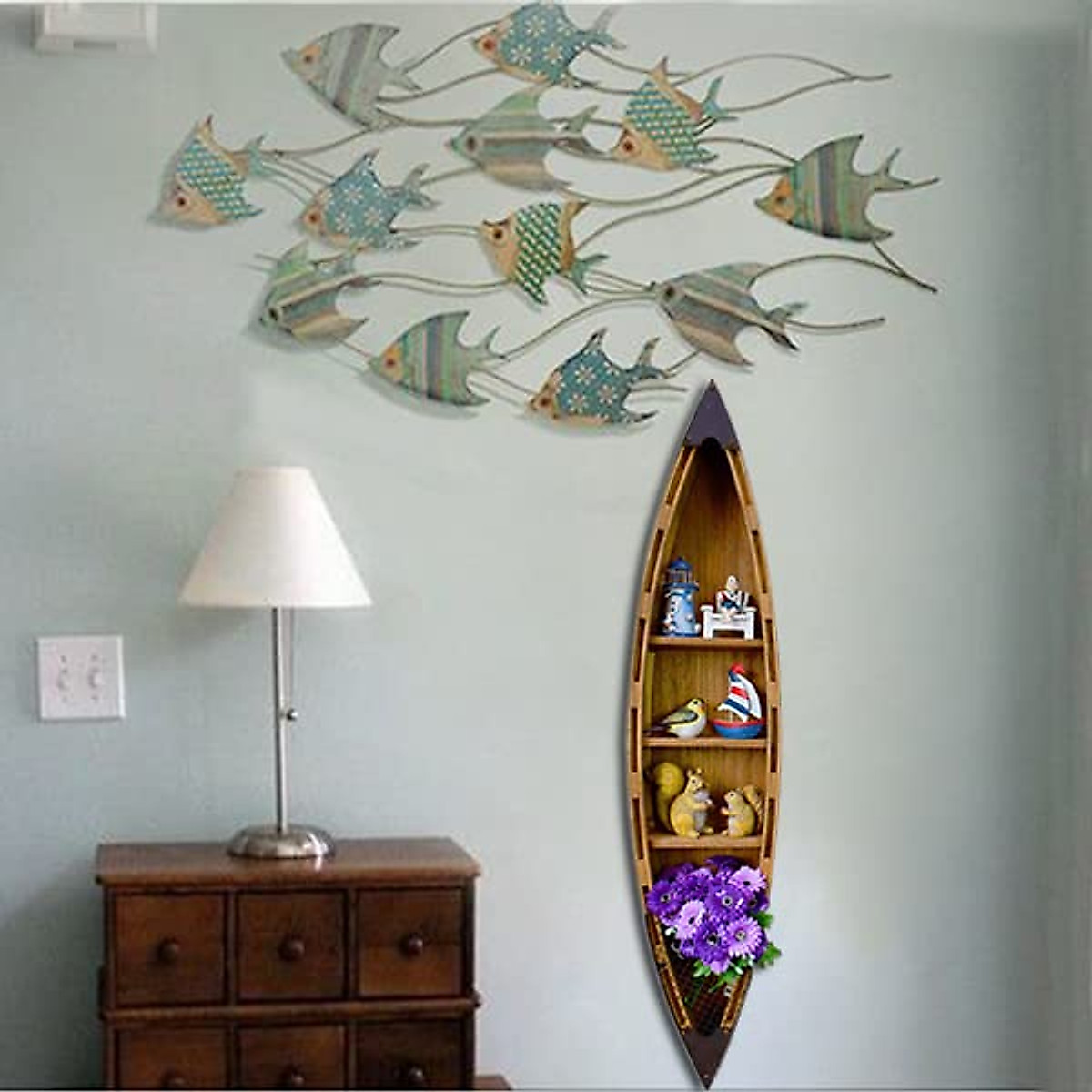 Nautical Wood Boat Shelf Wall Decor Hanging Row Boat Shelf for Bathroom Living Room Home Decor Beach Theme 47" H