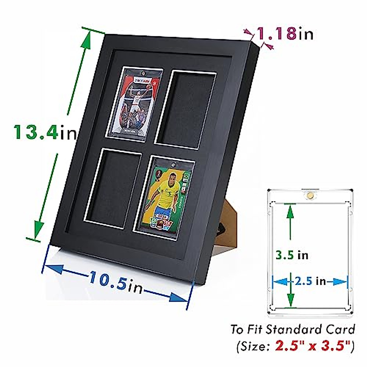 ZzHobbiEs 4 Grids Trading Cards Display Frame, Solid Wood Frame with 4 Pieces Magnetic Card Holder Wall Mount Or Table Stand Display for Football Basketball Collector Cards(Standard Cards, 4Grids)