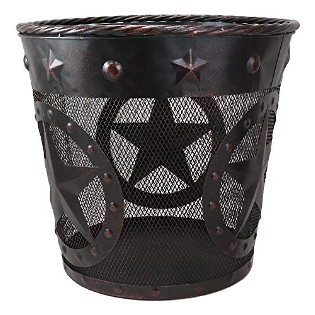 Ebros Rustic Western Texas Lone Stars in Circles of Nailheads with Braided Metal Rope Trim Wire Waste Basket Bin 12.75" Wide Home and Bathroom Accent Country Farmhouse Cowboy Decorative Trash Can