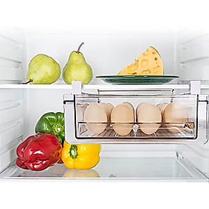 Modest Homeware Adjustable Fridge Organizer Food Storage Drawer - Strong Clear PET Plastic - Removable 28 Egg Holder Tray - Saves Space In Fridge - Fits Most Fridges - Easy Installation Transparent