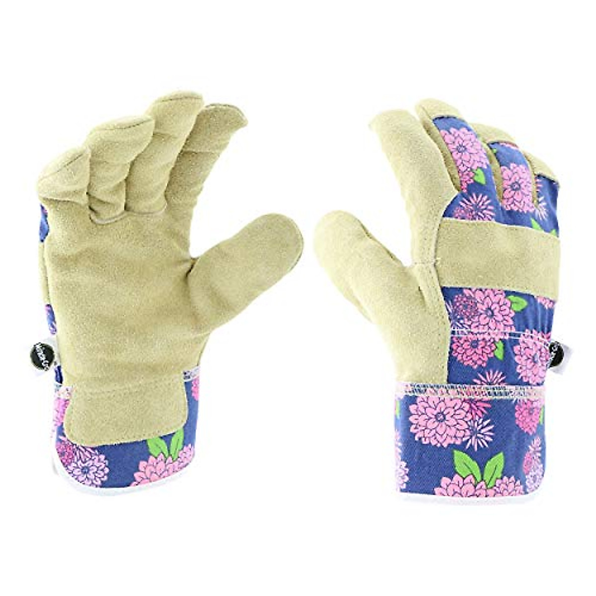 Miracle-Gro MG23012/WML Split Cowhide Garden Gloves – Floral, Medium-Large, Canvas Back Leather Palm Gloves for Women