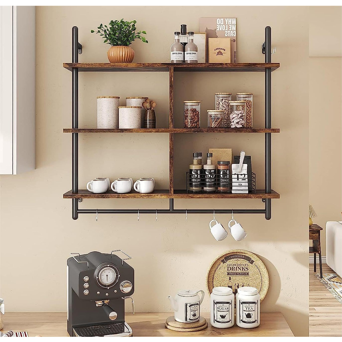 HOLMZCED 3 Tiers Wood Floating Shelving with Hooks, Industrial Wall Mounted Shelf Modern Wall Shelves Hanging Vintage Display Storage Shelf for Living Room Bathroom Bedroom Kitchen Coffee Bar