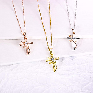 BlingGem Cross Necklace for Women Rose Cross Pendant 925 Sterling Silver Rose Gold-Plated Flower Dainty Religious Cross Necklace Birthday Jewelry Gifts for Women Wife Mom
