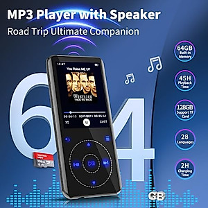 RUIZU 64GB MP3 Player with Bluetooth 5.3: Portable Music Player with Speaker, FM Radio, Voice Recorder, HiFi Lossless Digital Audio Video Playback, 2.4" Curved Screen, Touch Buttons, Supports 128GB