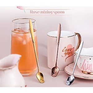10 Pack Rose Flower Stirring Spoons - 6.8 Inch Stainless Steel Coffee, Tea, Milkshake, Cocktail, Bar Spoons - Gold