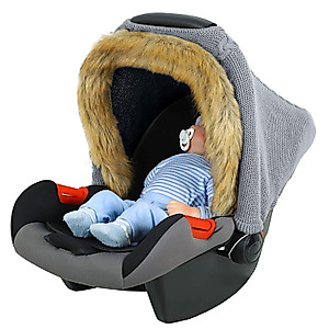 Yinuoday Baby Car Seat Cover with Faux Fur Hem Winter Knitted Stretchy Infant Stroller Cover Carseat Canopy for Boy Girl Indoor Outdoor