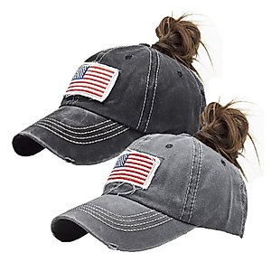Distressed Ponytail Hat for Women American-Flag Pony Tail Caps High Bun (Black+Grey, Adjustable)