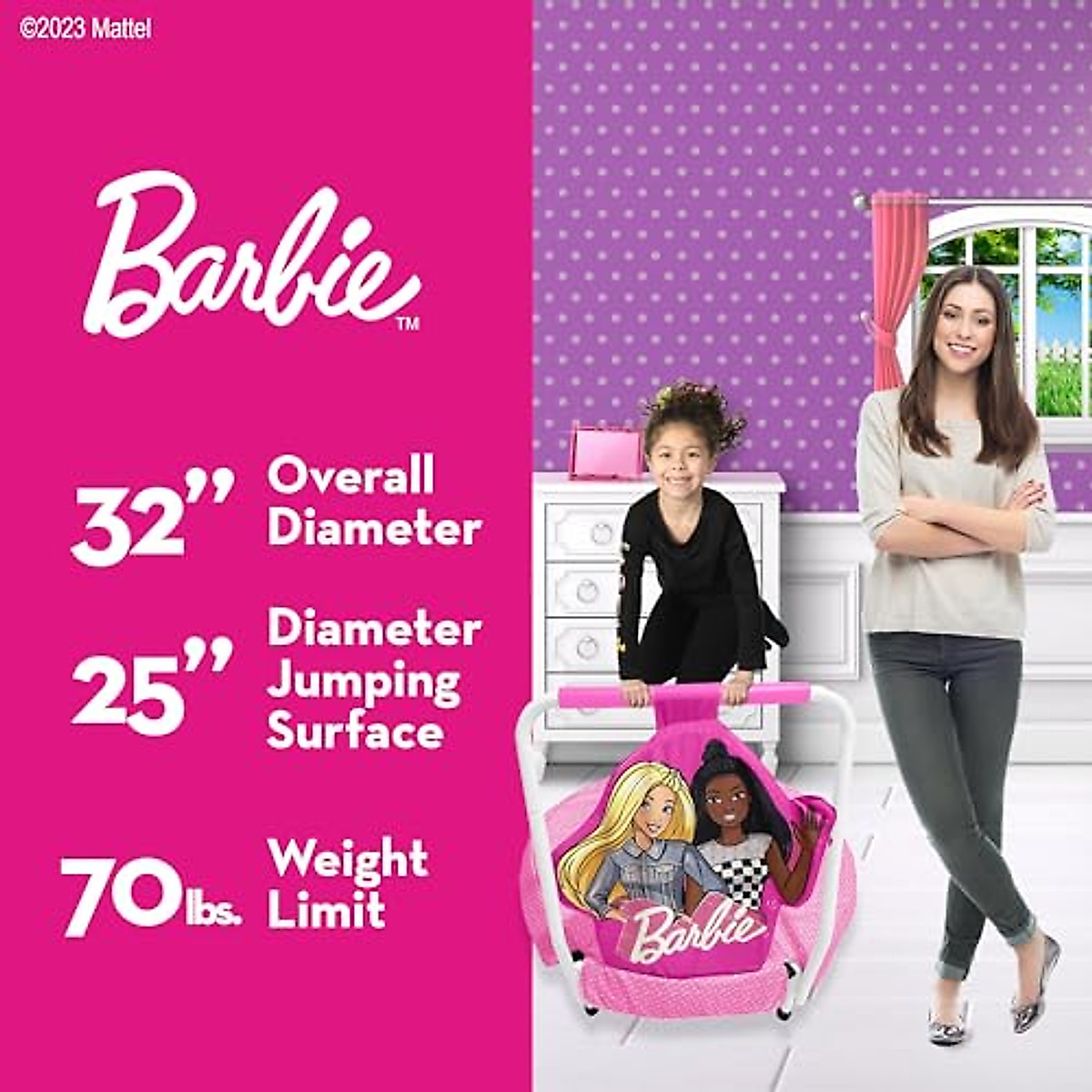 Barbie Hearts Mini Trampoline, Indoor Kids Trampoline for Toddlers with Handle, Featuring Barbie and Friends