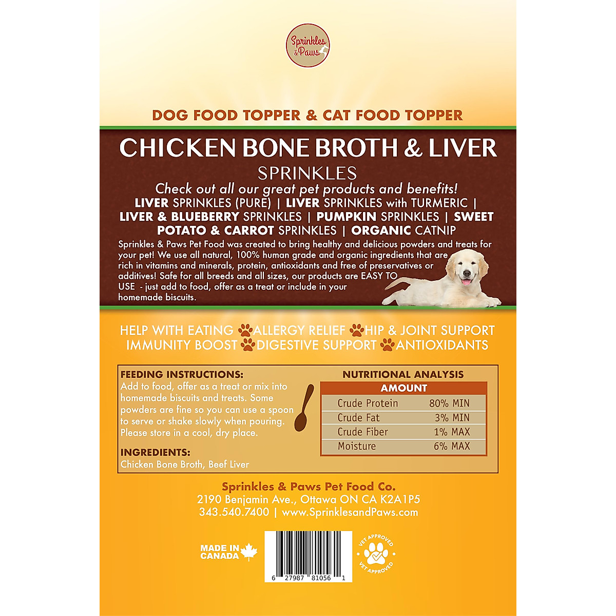 Sprinkles & Paws Chicken Bone Broth and Beef Liver Powder for Dogs | Dog Food Topper Helps Eating and Appetite | All Natural Free of Preservatives Rich in Protein and Vitamins