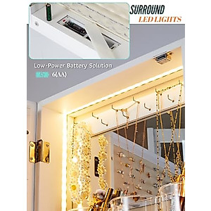 LUXFURNI LED Jewelry Organizer with Mirror, Small Jewelry Cabinet Wall-Mount/Door-Hanging Armoire,Lightweight Jewelry Storage for Bedroom