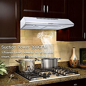 Stainless Steel Range Hood 30 inch KITCHENEXUS 200 CFM Under Cabinet Range Hood Ducted/Ductless Convertible Duct with LED Lighting, Reusable Filters and 3 Speed Exhaust Fan, Slim Kitchen Hood Vent