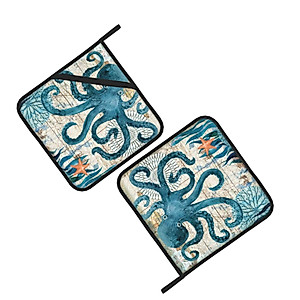 Sea Animals Octopus Pot Holders Set of 2 with Loop Heat Resistant Hot Pads for Cooking Baking Grilling