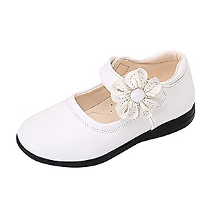 Lykmera Soft Girls Flower Dance Shoes Single Leather Princess Dancing Shoes Children Solid Black Rubber Shoes for Baby Girl (White, 10.5-11 Years Big Kid)
