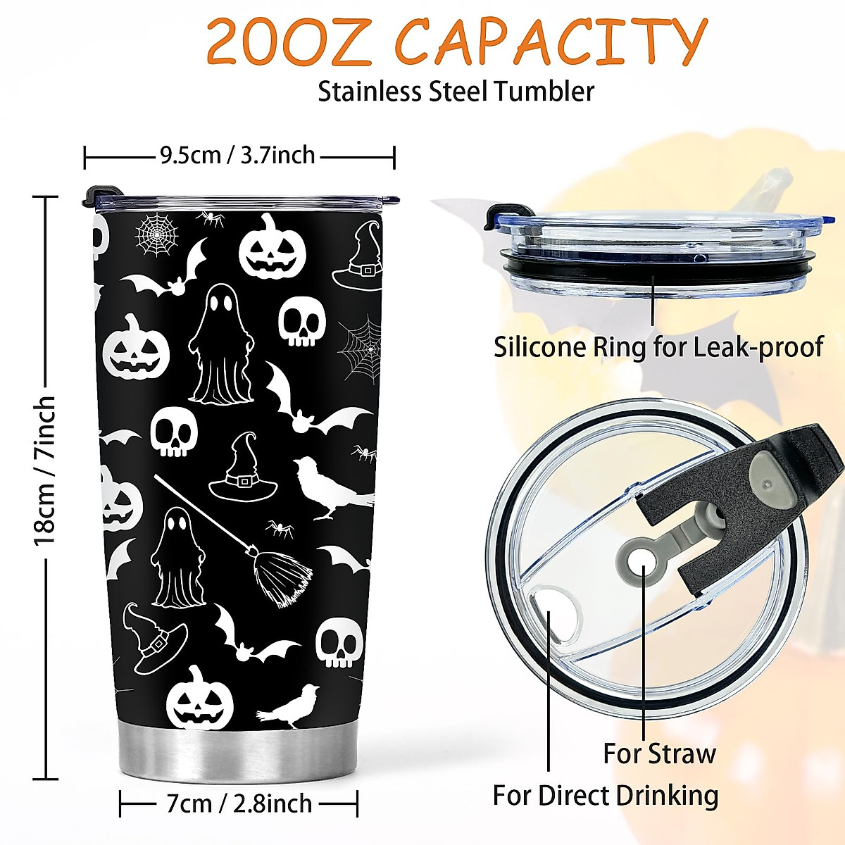 FatWongcoi Halloween Tumbler - Horror Halloween Cups for Women - 20oz Wizard Hat Ghost Skull Bat Stainless Steel Tumbler - Gothic Gift for Her - Spooky Coffee Mug for Friend