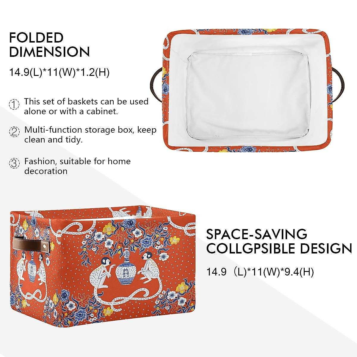 Storage Basket Cube Art Chinoiserie Animal Monkey Large Collapsible Toys Storage Box Bin Laundry Organizer for Closet Shelf Nursery Kids Bedroom,15x11x9.5 in,2 Pack