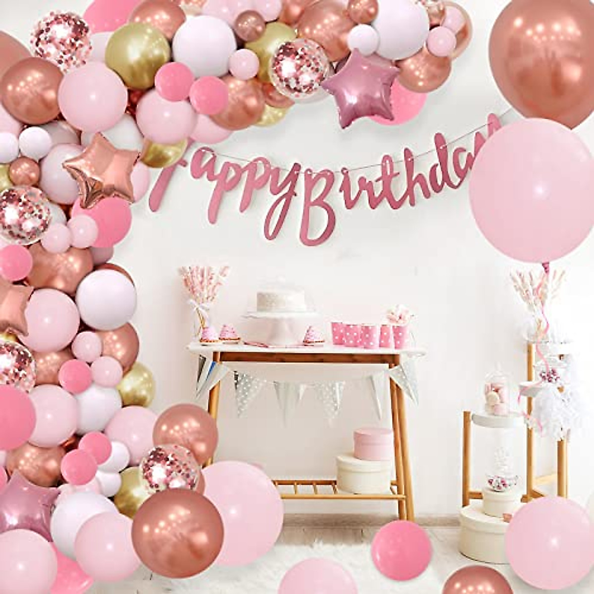 JULLIZ 144Pcs Rose Gold Pink Balloon Garland Arch Kit, Metallic Rose Chrome Gold Balloons for Birthday Wedding Party Bridal Shower Anniversary Decorations with Shiny Star Mylar Balloons