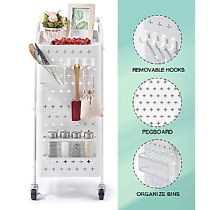 KINGRACK 3-Tier Rolling Cart, Metal Utility Cart with Pegboard, Utility Rolling Storage Carts with Wheels, Craft Storage Trolley with Handle for Kitchen Office Classroom, Classic White