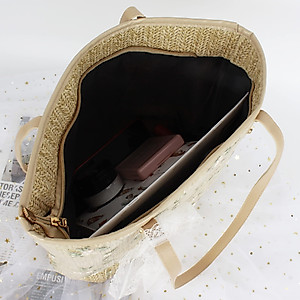 Goclothod Women Flower Embroidered Straw Handbag Lace Woven Large Shoulder Bag Summer Beach Purse
