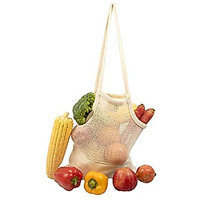 Reusable Mesh Grocery Shopping Bags - Organic Cotton Mesh Tote Bags - Net Farmers Market Bags with Reinforced Bottom - Mesh Mushroom Foraging Tote Bags - Portable Cotton French Market Tote (3 Bags)