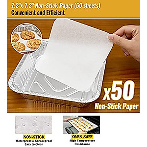 NUPICK 35 Pack 8 inch Square Baking Cake Pans with Plastic Lids and Non-Stick Paper (50 Sheets), Disposable Aluminum Foil Food Containers