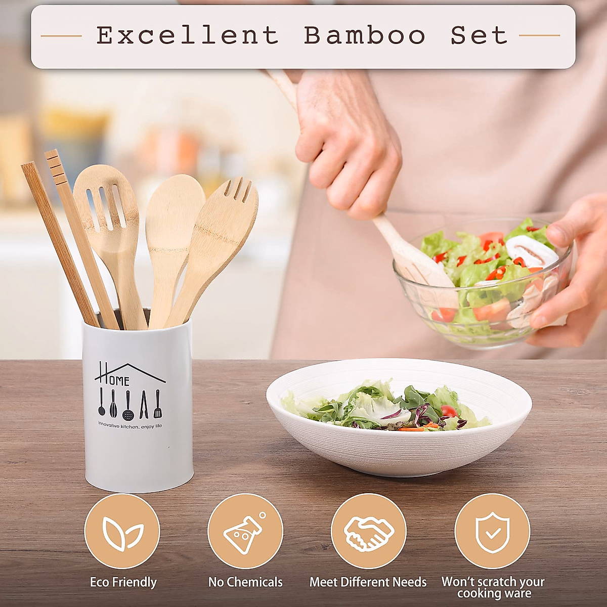 [4PCS] Wooden Bamboo Cooking Utensils : Salad Tongs, Wood Spoons, Slotted Spoon, Bamboo Forks, 11.8inch Long Handle Salad Serving Utensils is Perfect Choice for Daily Cooking and Gifts.USOONESP