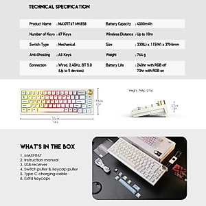 FANTECH MAXFIT67 3-Mode Custom Mechanical Gaming Keyboard RGB Backlit, 65% (67-key) Hot Swappable Type-C Wired South Facing Mechanical Keyboard, Kailh White Switch, Black