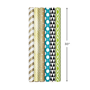 Hallmark Reversible Wrapping Paper Bundle (6 Rolls: 150 Square Feet Total) Stripes, Chevron, Solid, Black & White, Gold, Green, Orange, Blue for Birthdays, Holidays, Any Occasion