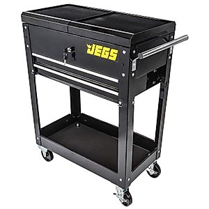 JEGS Heavy-Duty Tool Box Cart | 220 LBS Capacity | Uses Four 4” Caster Wheels | Includes 2 Keyes and 6 Drawer Liners | Black with JEGS Logo | 2 Locking Drawers | Sliding Top