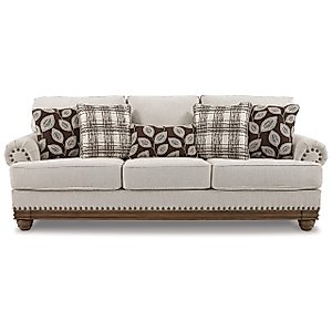 Signature Design by Ashley Harleson Modern Farmhouse Sofa with Nailhead Trim and 5 Accent Pillows, Beige