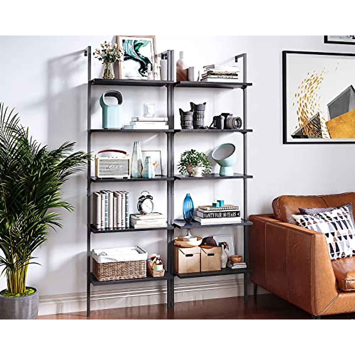 ODK 5-Tier Ladder Shelf, 74 Inches Wall Mounted Ladder Bookshelf with Metal Frame, Open Industrial Shelves for Home Office, Bedroom and Living Room, Black