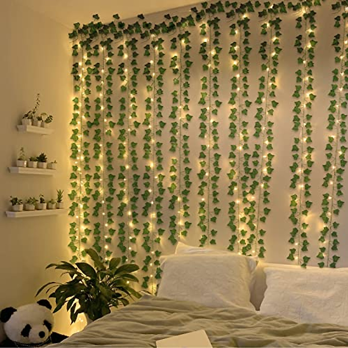Fascidorm 5Pcs 35Ft Fake Vines for Bedroom with 12Pcs 3D Butterflies, Fake Ivy Vines for Room Decor with Fake Leaves, Artificial Greenery Ivy Garland for Wall Decor, Hanging Green Plant