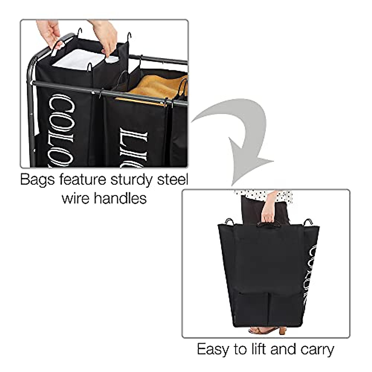 STORAGE MANIAC Laundry Sorter, Laundry Divider with Side Pockets, Multi Laundry Separator Hamper with Removable Bags and Rolling Lockable Wheels, Laundry Organizer Hamper, 4 Section Black