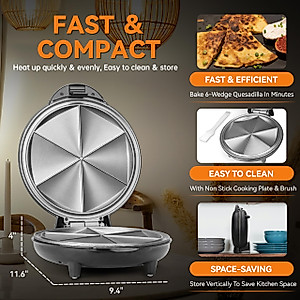 Baker's Friend Electric Quesadilla Maker with Extra Stuffing Design, 9.5 Inch with Easy Slice 6 Wedge, Non Stick Surface, Non-Slip Feet, Grilled Cheese Maker Machine, Graphite Black