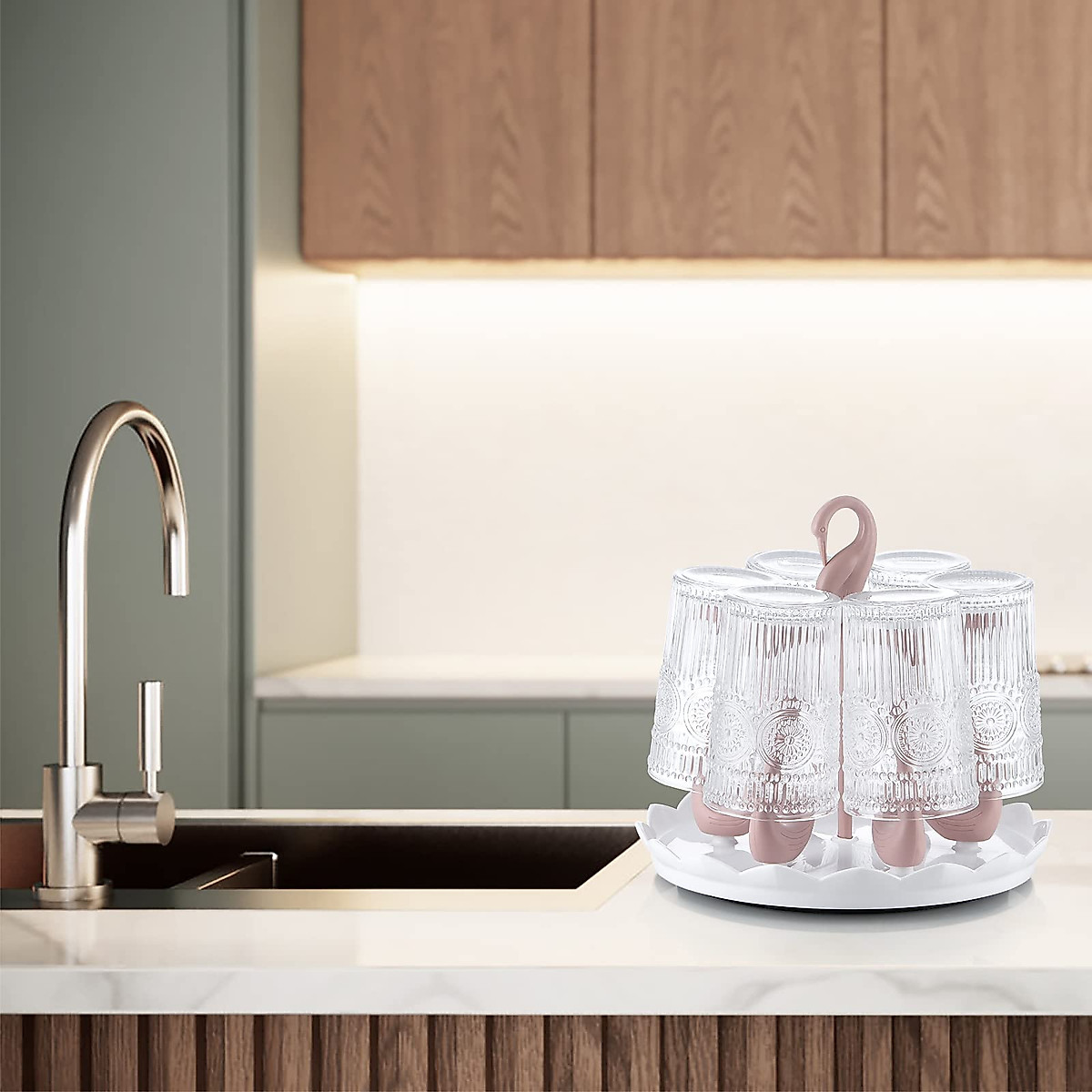 MOLIGOU Cup Drying Rack, Mug Dryer Rack with Drip Tray, Rotating Bottle Drying Stand Holder for Kitchen Counter, 6 Holders (Pink Swan)