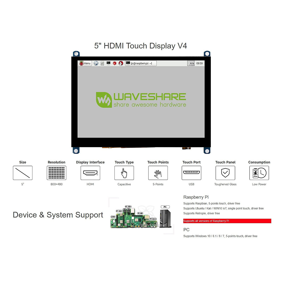 Waveshare 5inch Capacitive Touch Screen LCD Slimmed-Down Compatible with Raspberry Pi 5/4B/3B+/3A+/2B/B+/A+/Zero/Zero W/WH/Zero 2W CM3+/4 800×480 Resolution HDMI Toughened Glass Panel Supports Windows