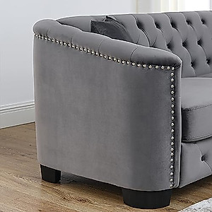 EMKK 77" Chesterfield Velvet Sofa, 3-Seater Upholstered Couches Tufted Backrests with Nailhead Arms and 2 Cushions for Living Room, Bedroom, Apartment, Office, G-Grey