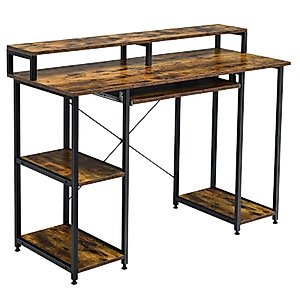 Multigot Wooden Laptop Desk, Industrial PC Table Workstation with Storage Shelves, Monitor Stand and Keyboard Tray, Gamer Computer Desk for Home Office Bedroom and Living Room