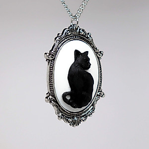 Real Metal Black Cat Cameo in Antique Silver Finish Pewter Frame Pendant Necklace
