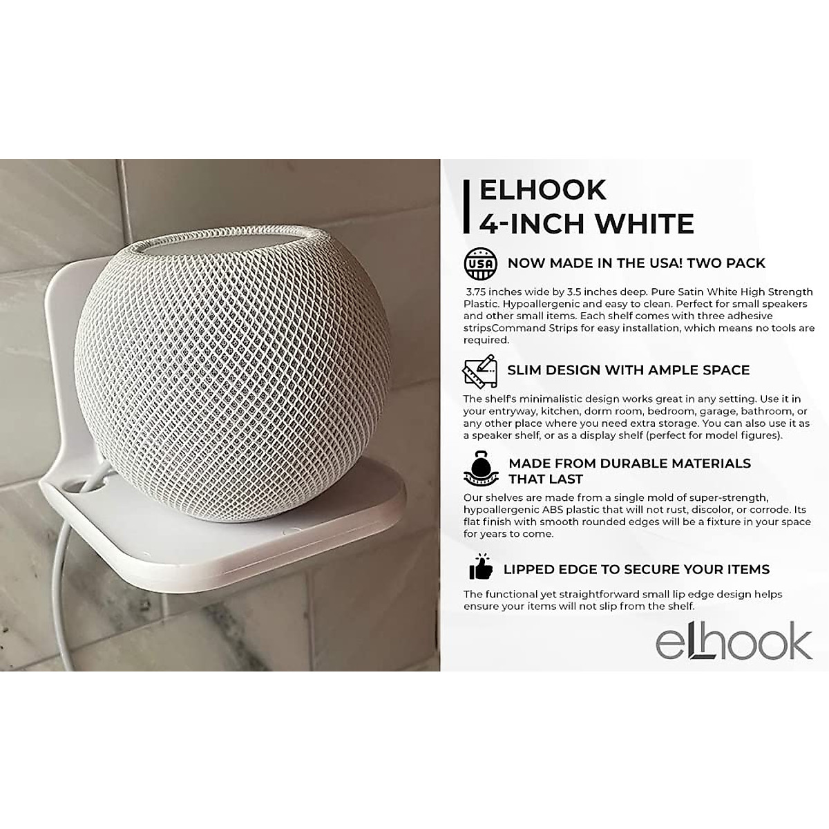 eLhook Made in USA White Stick-On Wall Shelf: Durable ABS Plastic with Cable Management for Indoor Security Camera, Textured Finish, Lipped Edges | Removable Adhesive Floating Design | Set of 2