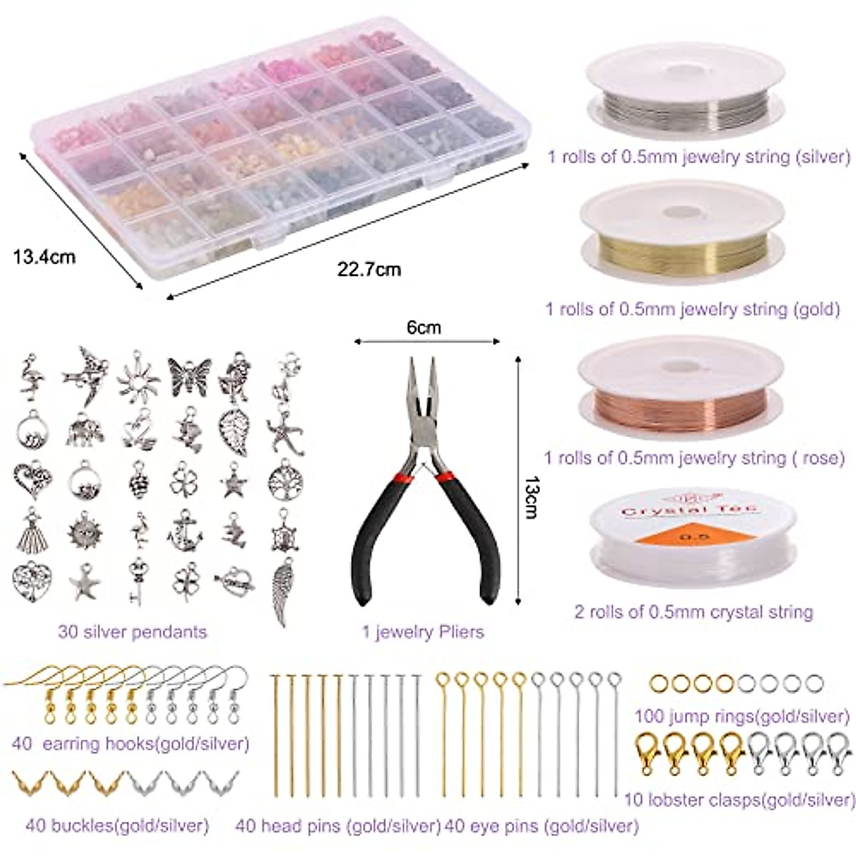 Quefe 1800pcs 56 Colors Crystal Beads, Ring Making Kit, Gemstone Chip Beads Irregular Natural Stone with Jewelry Making Supplies for DIY Craft Bracelet Necklace Earrings, Craft Gifts