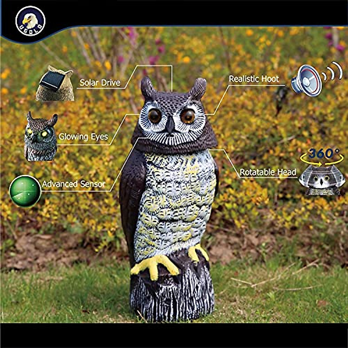 Ugold Solar Powered Owl with Detection, Silent Mode, Flashing Eyes, Rotatable Head and Realistic Hoots, Plastic Owl Decoration for Home, Garden, Patio and Fence