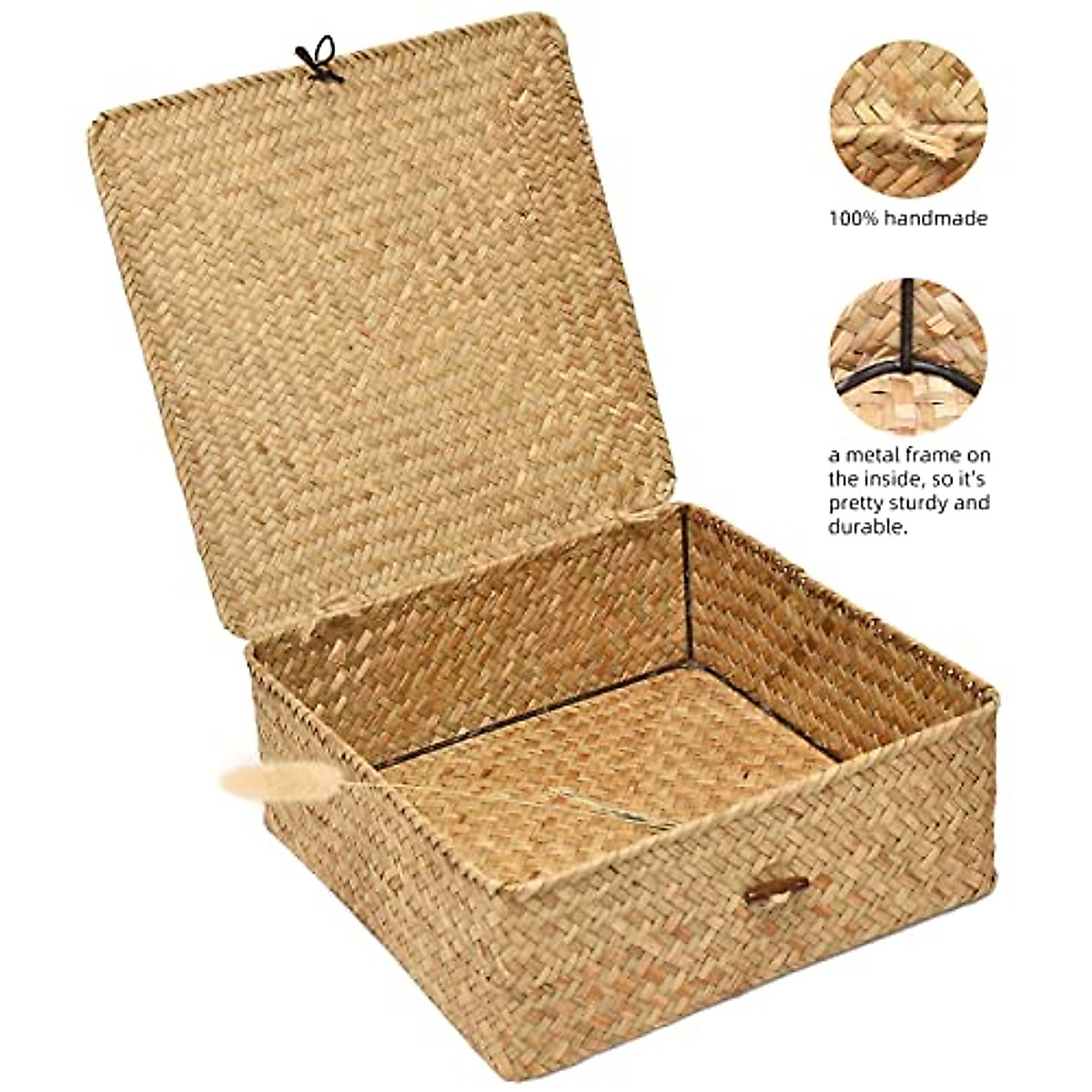 TICYACK Straw Storages Baskets With Lid, Hand-Woven of Seagrass Square Storage Bins, for Desktop Home Decoration (S/M/L)