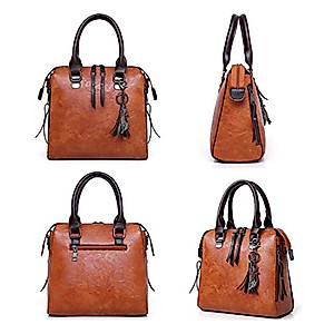 GJGJTER Synthetic PU Leather Tote for Women Satchel Crossbody Hobo 4pcs Handbags Shoulder Bags Tassel Fox Ornament-Brown