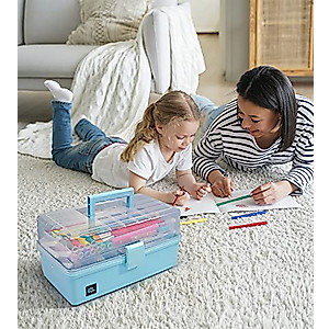 3 Layers Plastic Portable Storage Box, Multipurpose Organizer and Storage Case for Art Craft and Cosmetic, Portable Handled Storage Box for Home, School, Office, First Aids (Blue)